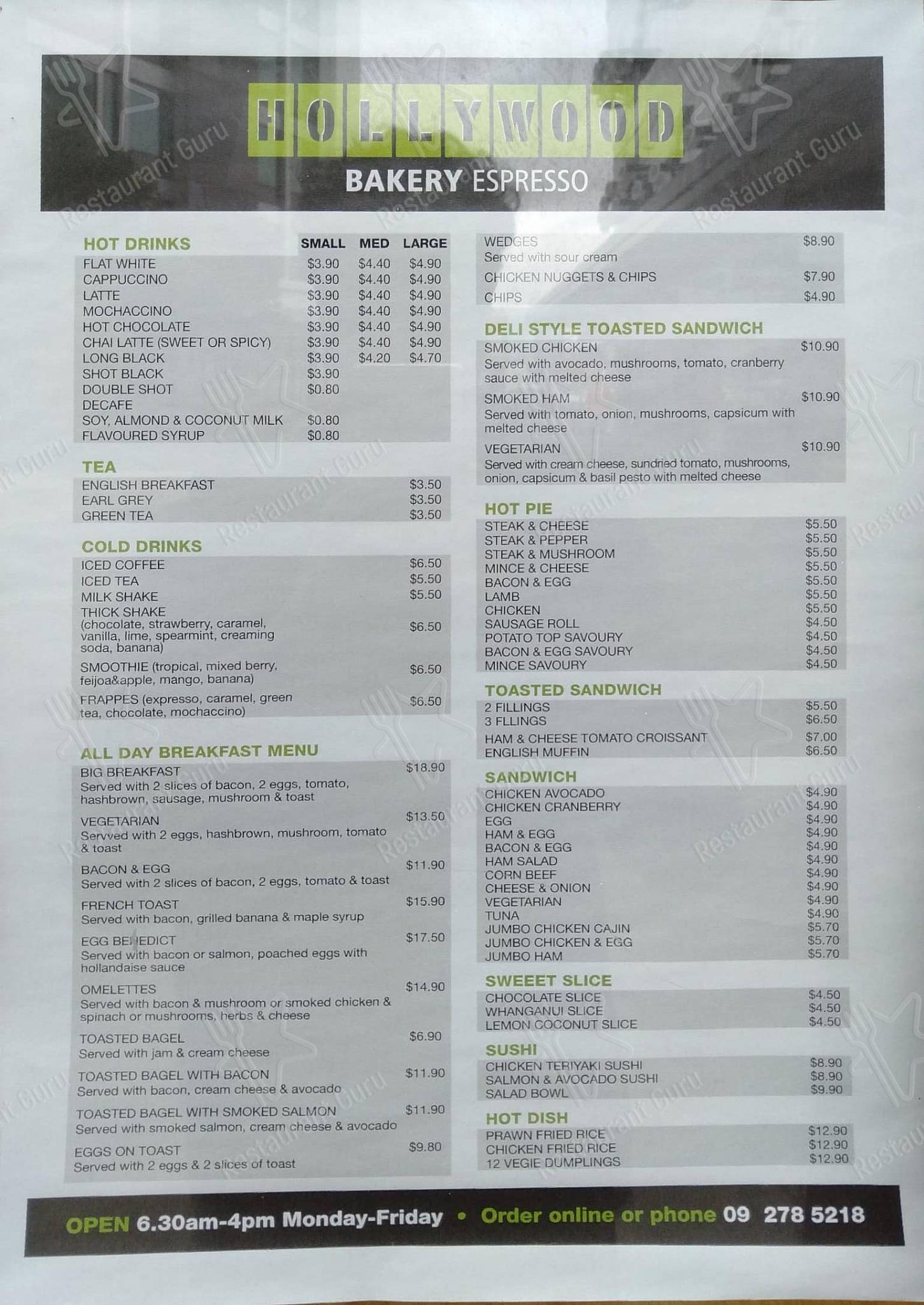 Menu at Hollywood Bakery and Espresso, Auckland, 65 Lunn Ave
