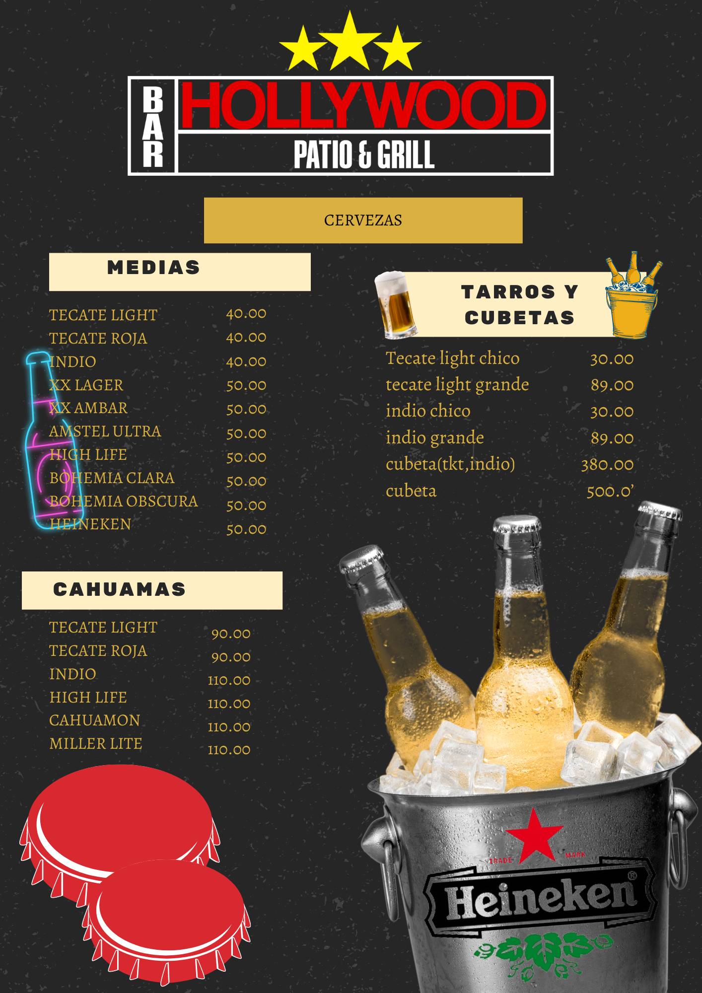 Carta del pub y bar Hollywood, Mexicali, C. Calafia 11
