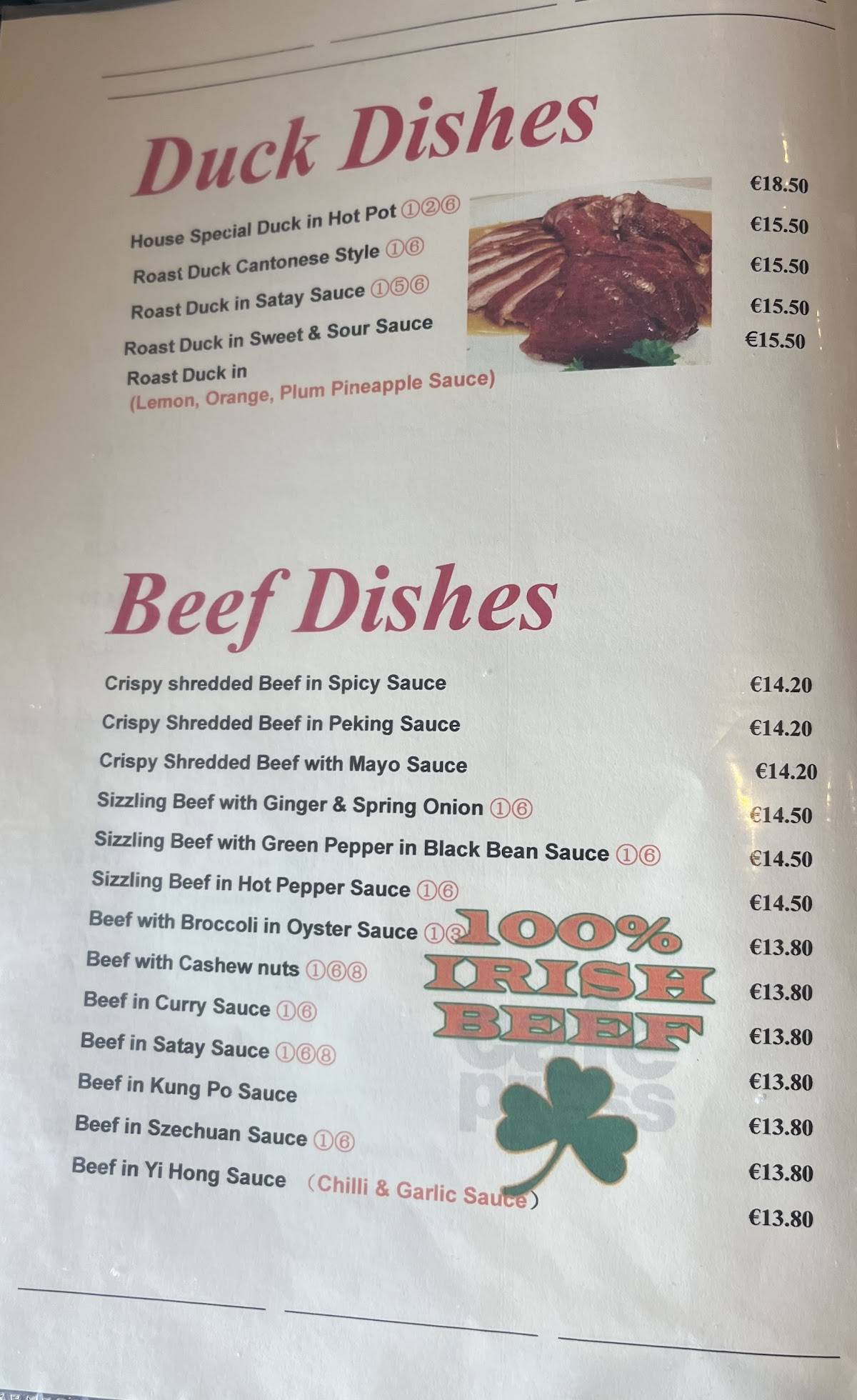 Menu at Hong Kong Chinese Restaurant, Fermoy