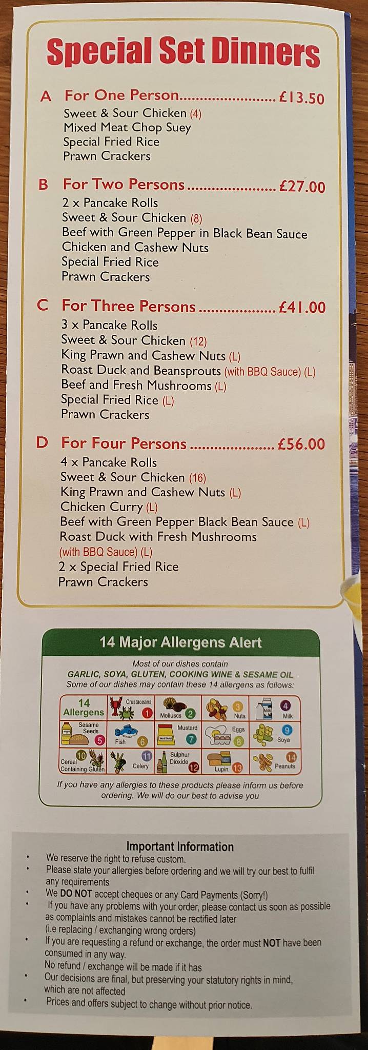Menu at Hong Kong House Chinese fast food, Truro