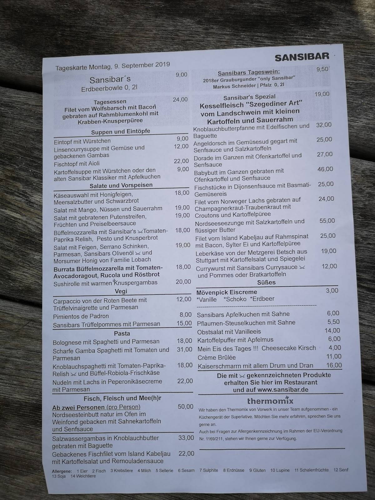 Sansibar Sylt Speisekarte