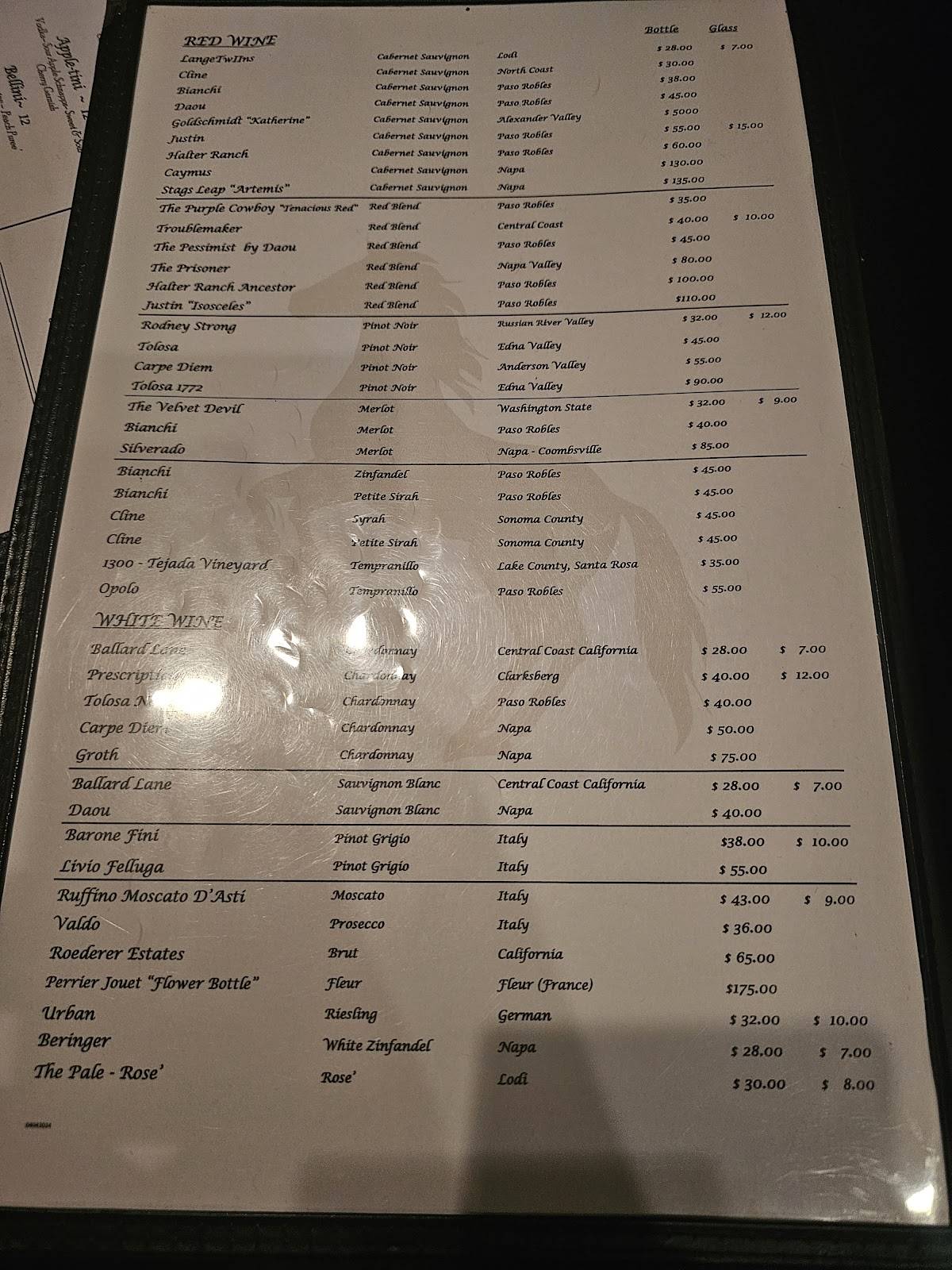 Menu at Horse in the Alley steakhouse, Bakersfield