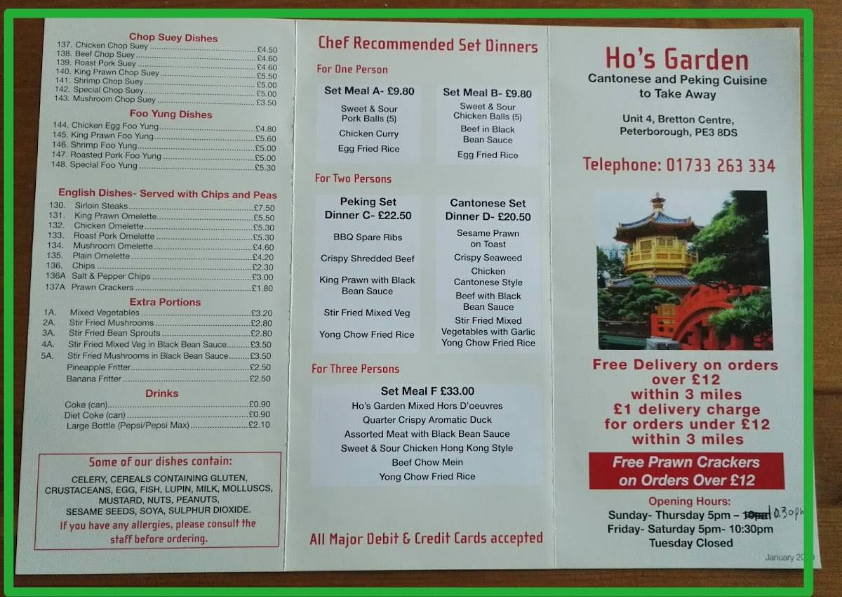 Menu at Ho's Garden restaurant, Peterborough