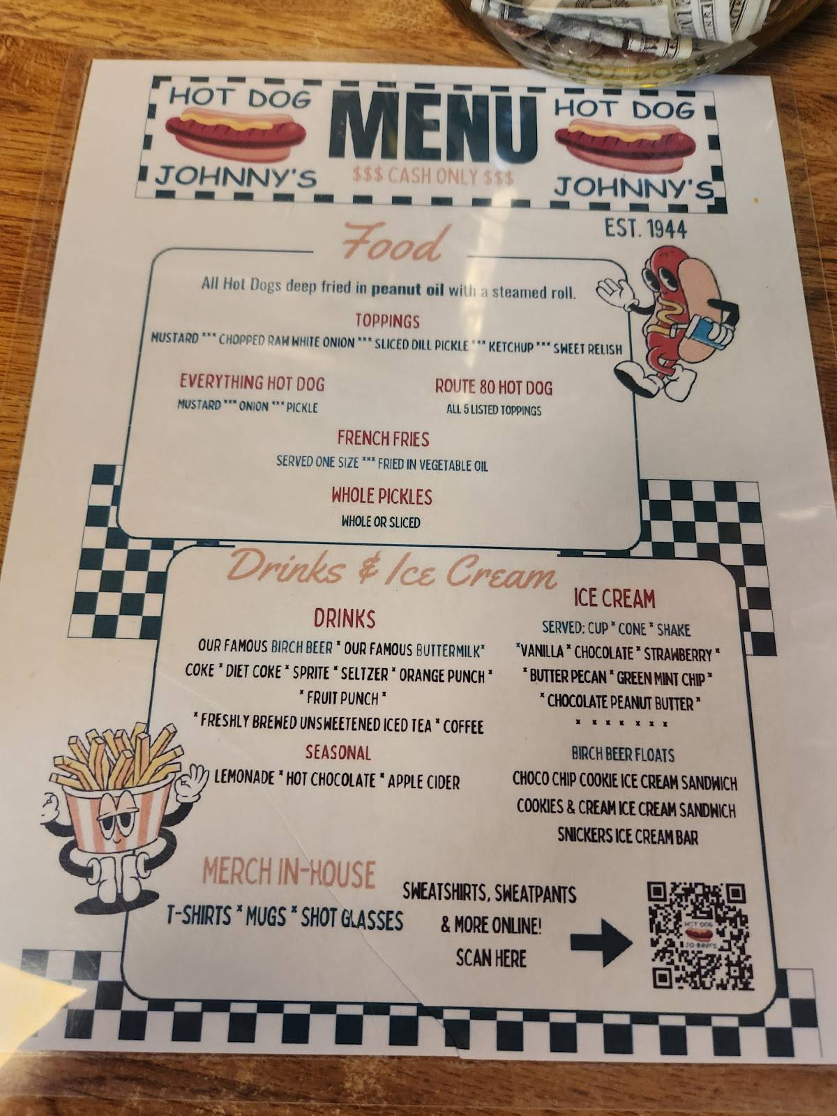 Menu at Hot Dog Johnny's fast food, Liberty, 333 US-46