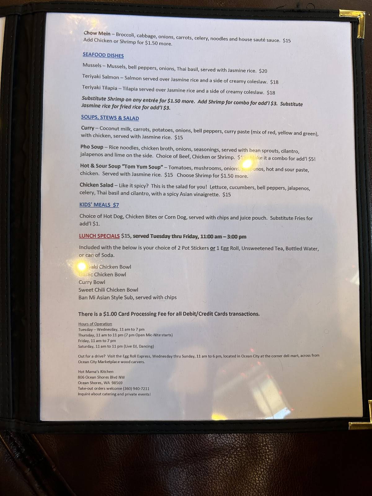 Menu at Hot Mama's Kitchen restaurant, Ocean Shores