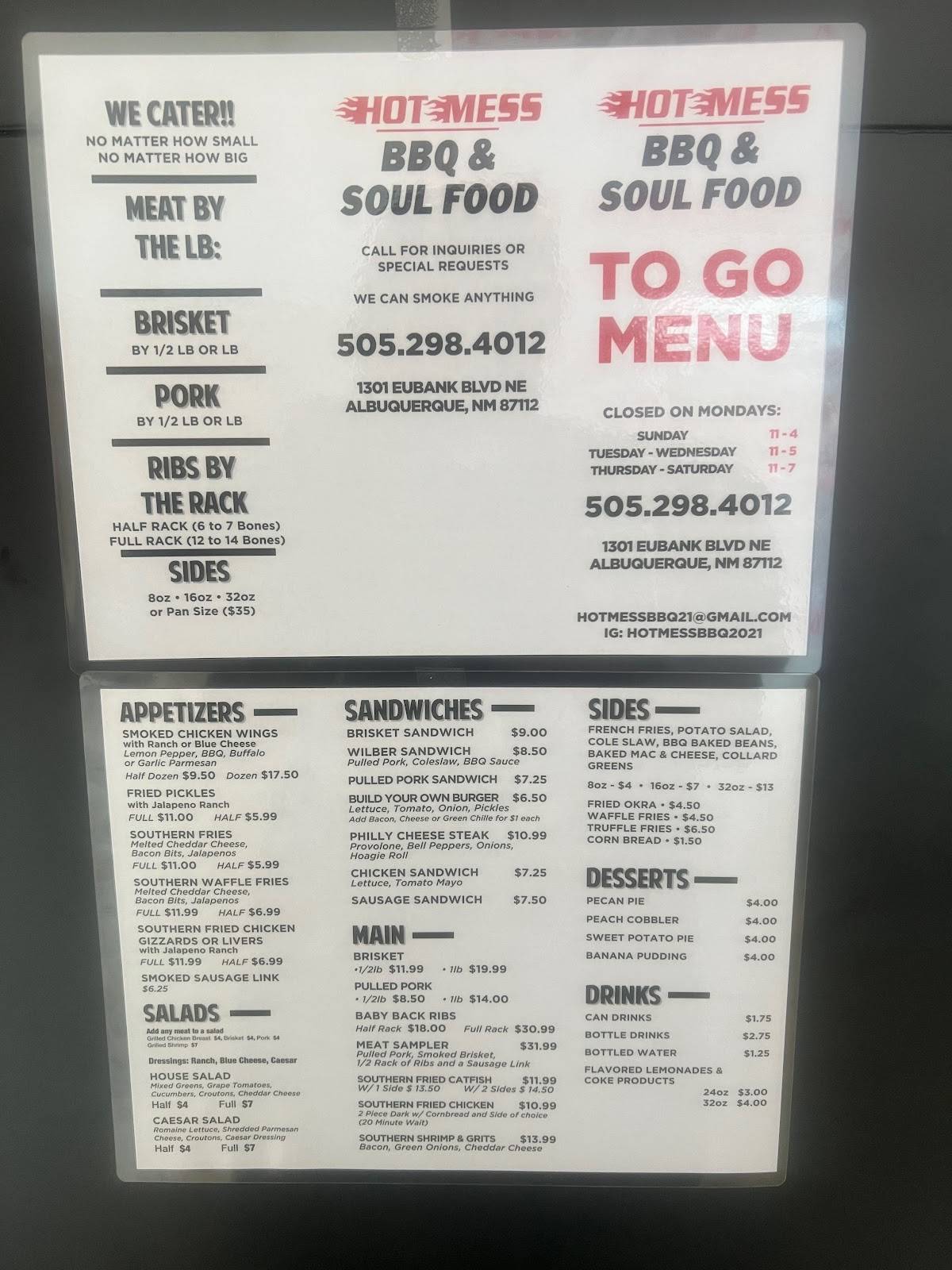 Menu at Hot Mess BBQ & Soul Food, Albuquerque, Eubank Blvd NE