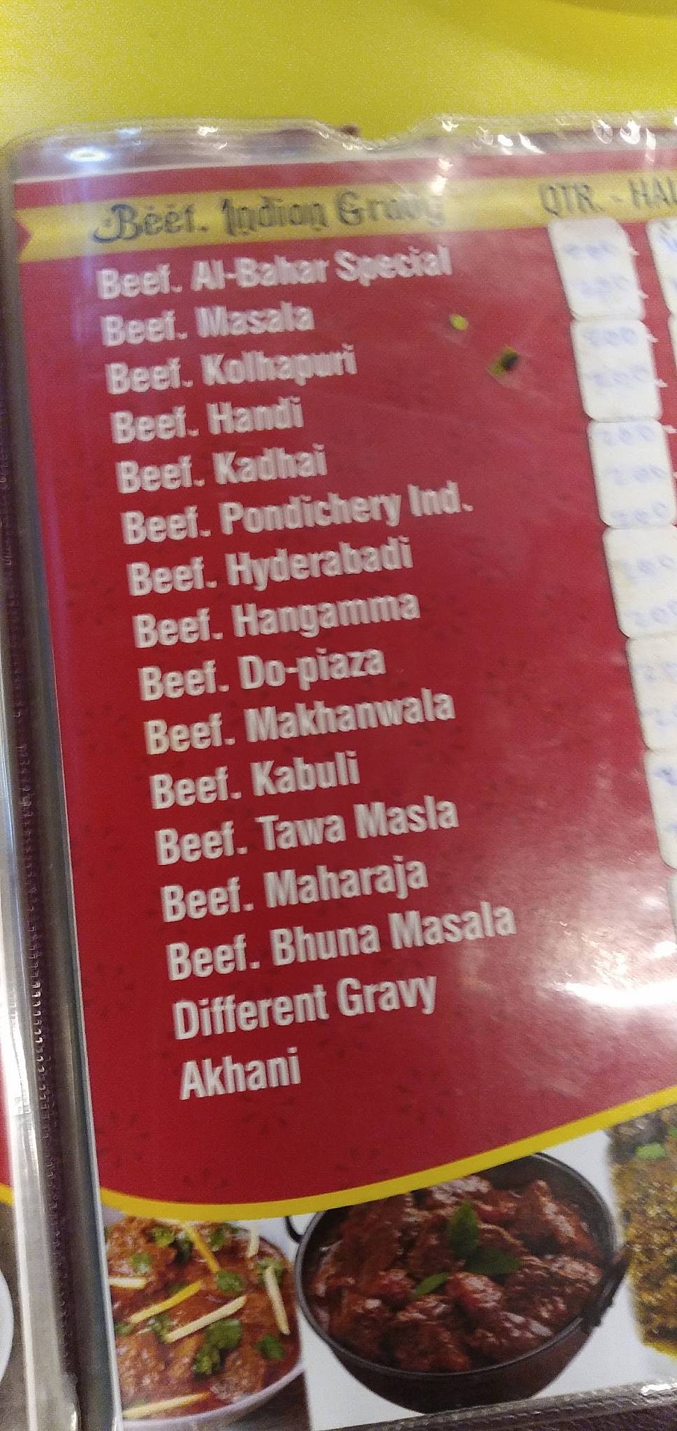Menu at Hotel Al - Bahar, Belgaum