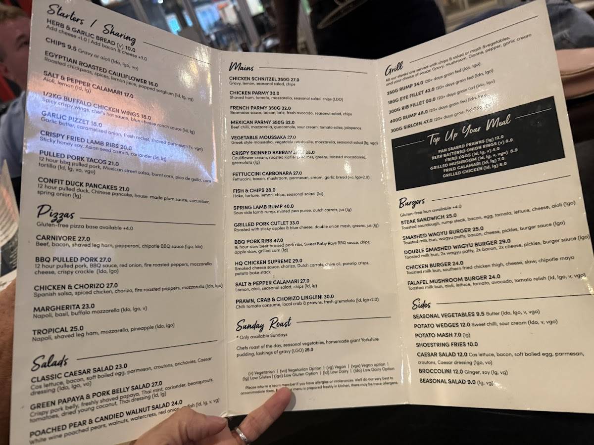 Menu at Hotel HQ restaurant, Underwood
