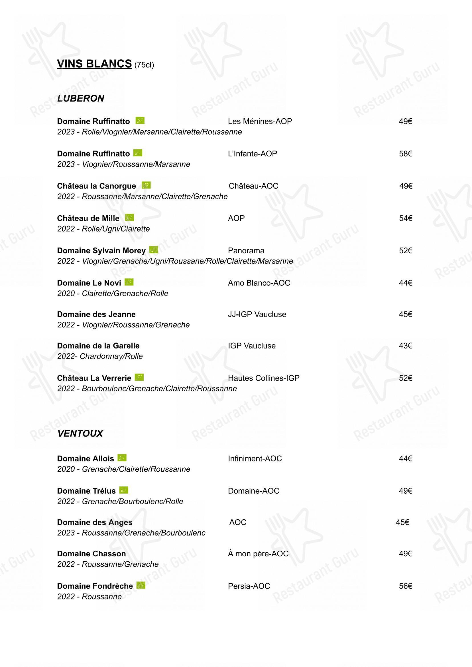 Menu au Hôtel Le Jas de Joucas restaurant, Joucas