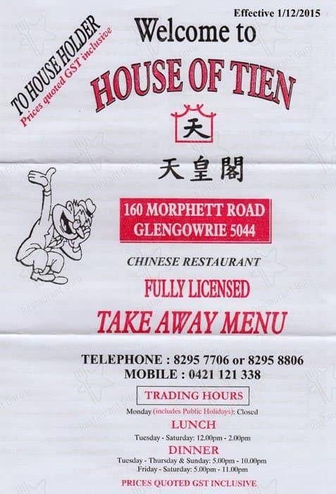 Menu at House of Tien restaurant, Glengowrie