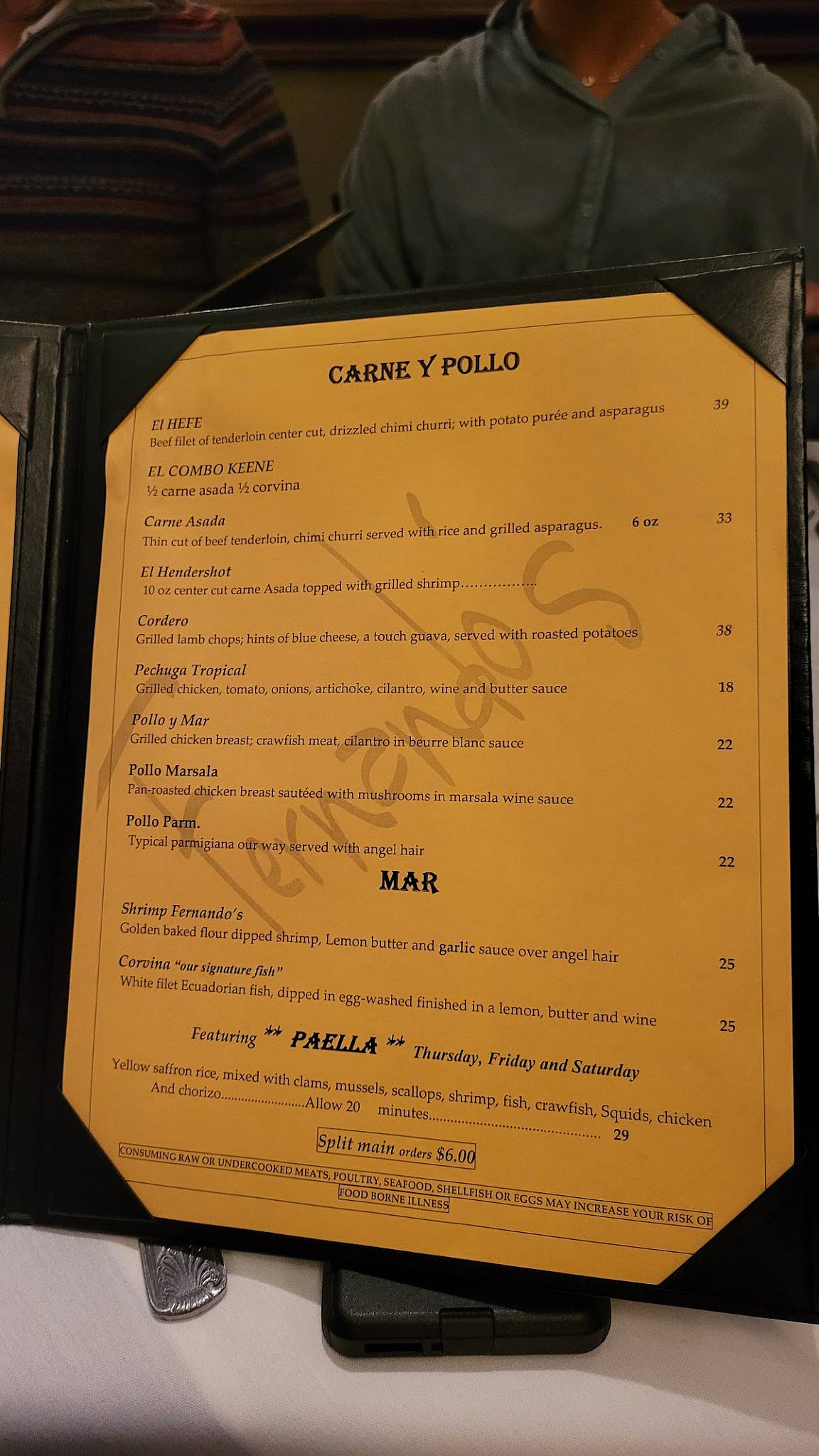 Menu at Fernando's steakhouse, Sugar Land