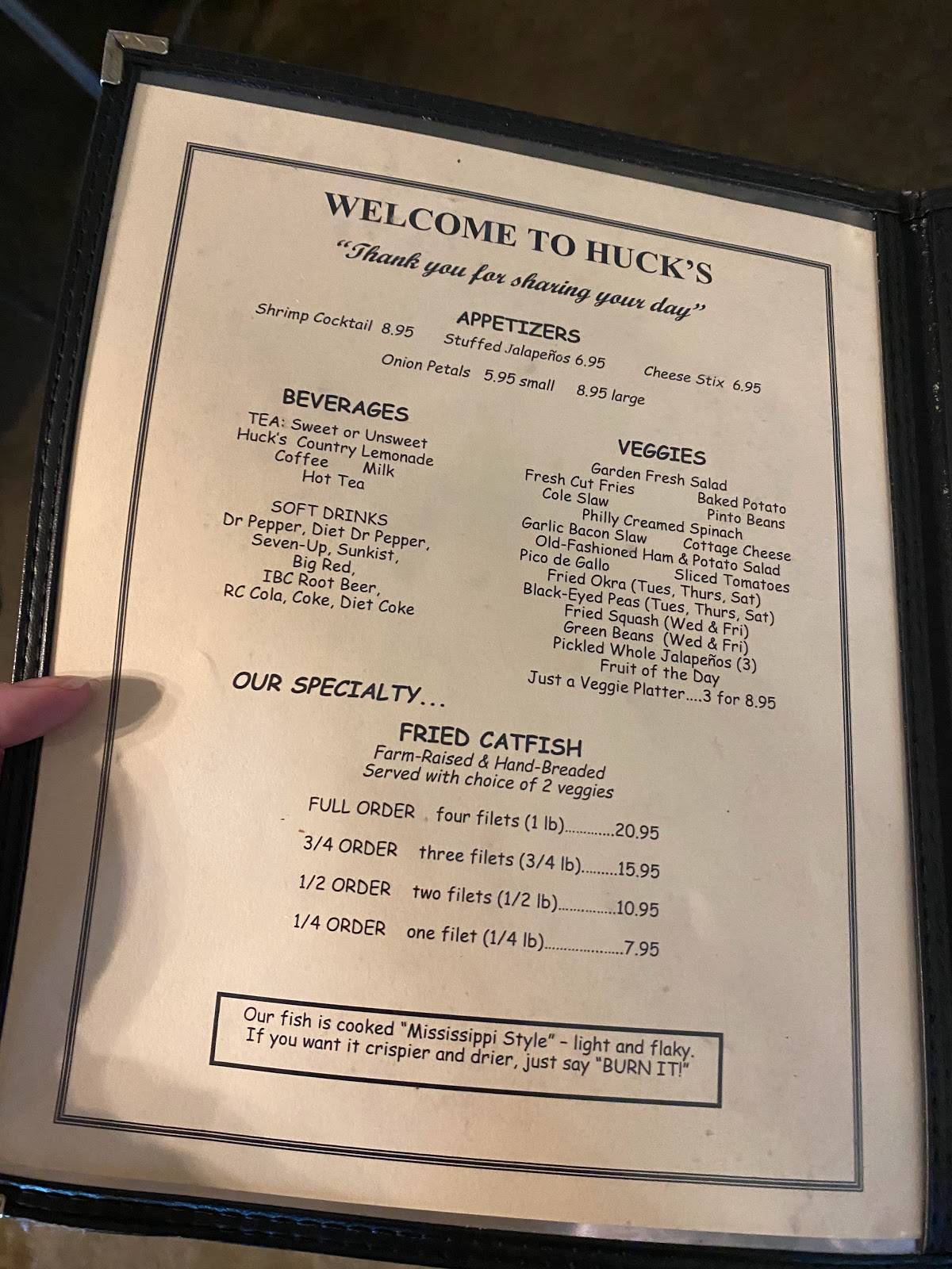 Menu at Huck's Catfish restaurant, Denison