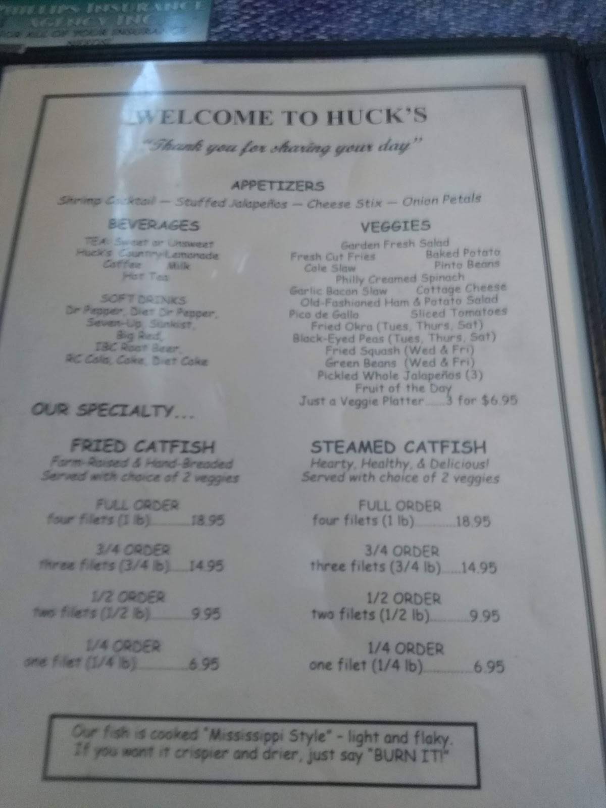 Menu at Huck's Catfish restaurant, Denison