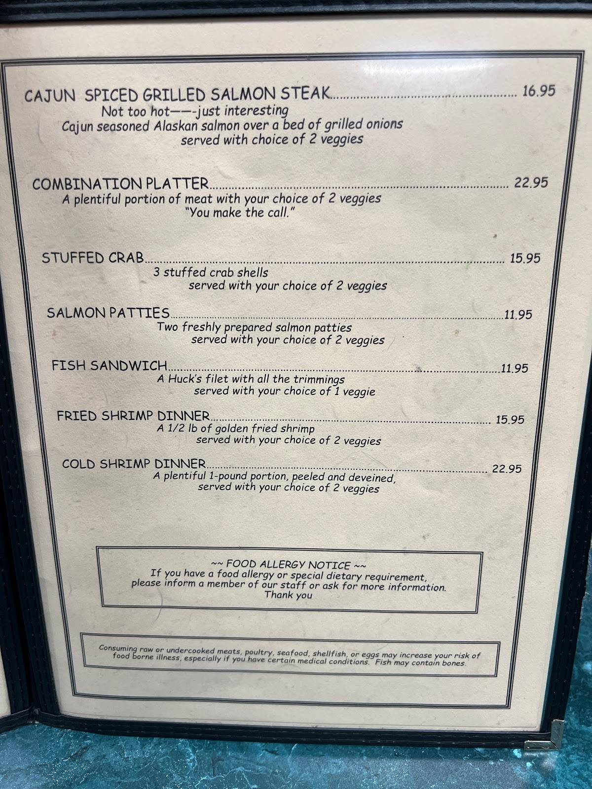 Menu at Huck's Catfish restaurant, Denison