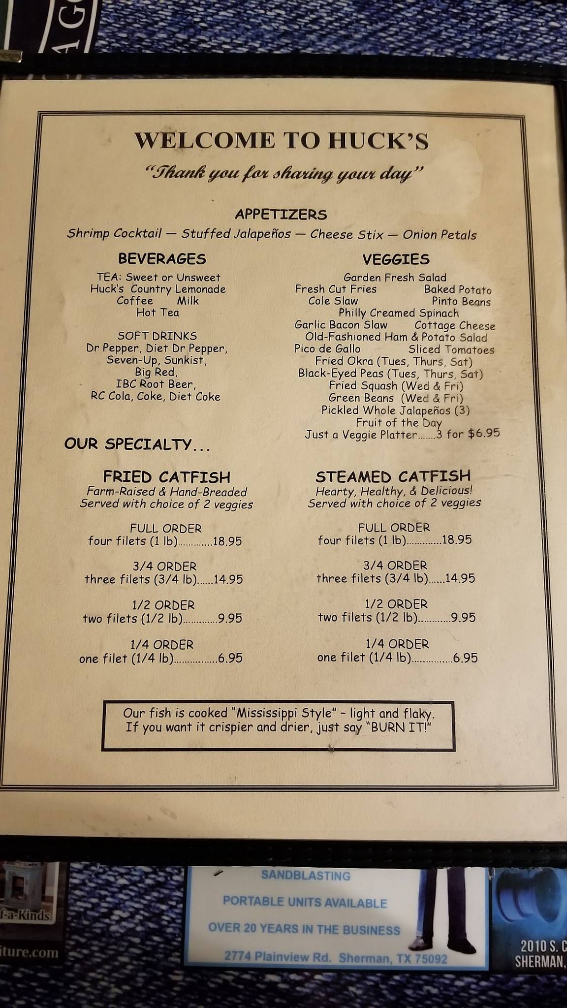 Menu at Huck's Catfish restaurant, Denison