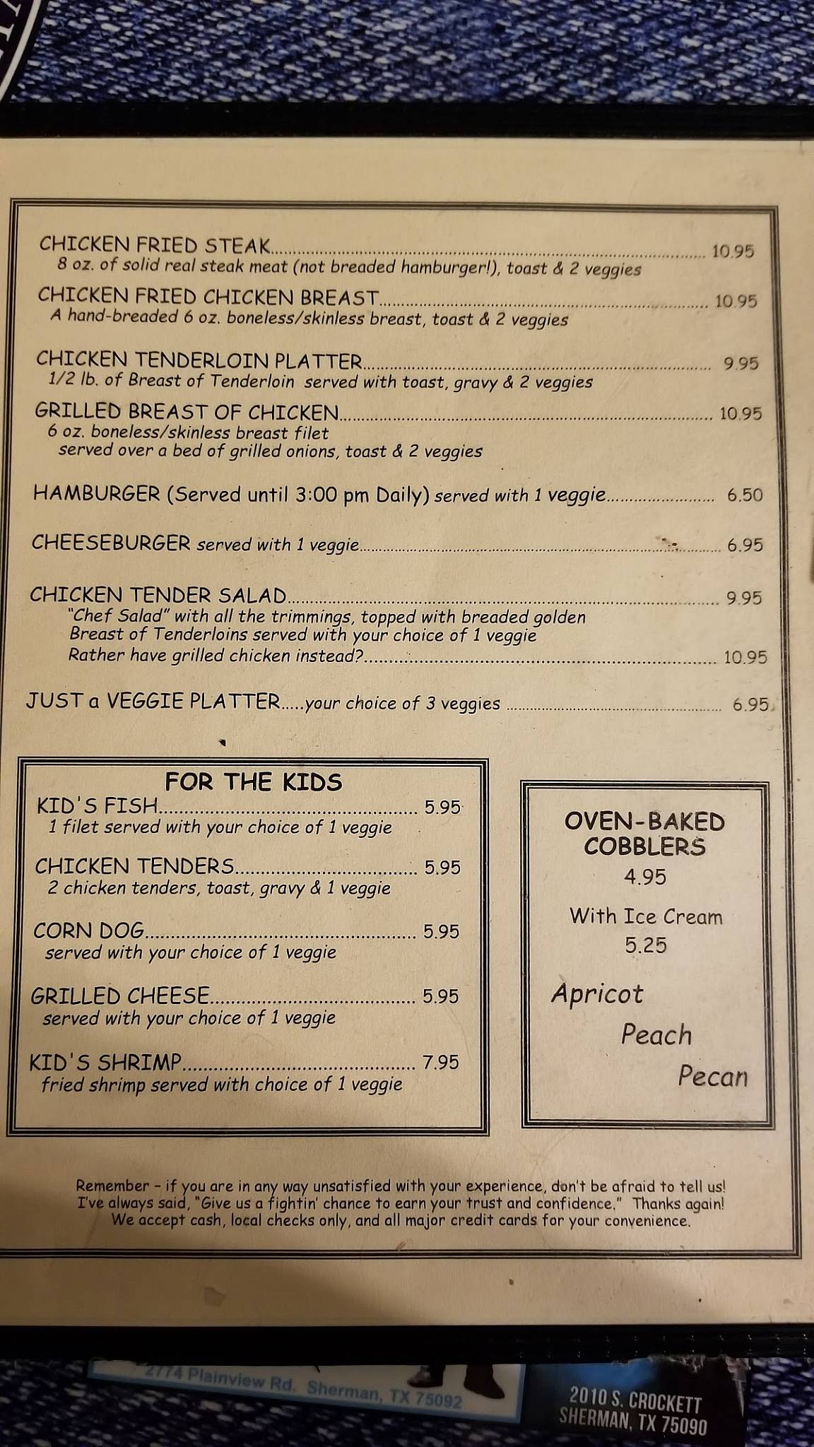 Menu at Huck's Catfish restaurant, Denison