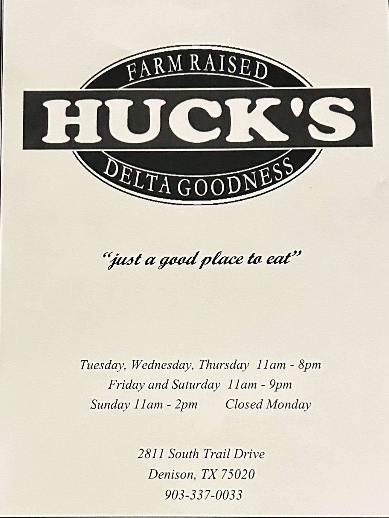 Menu at Huck's Catfish restaurant, Denison