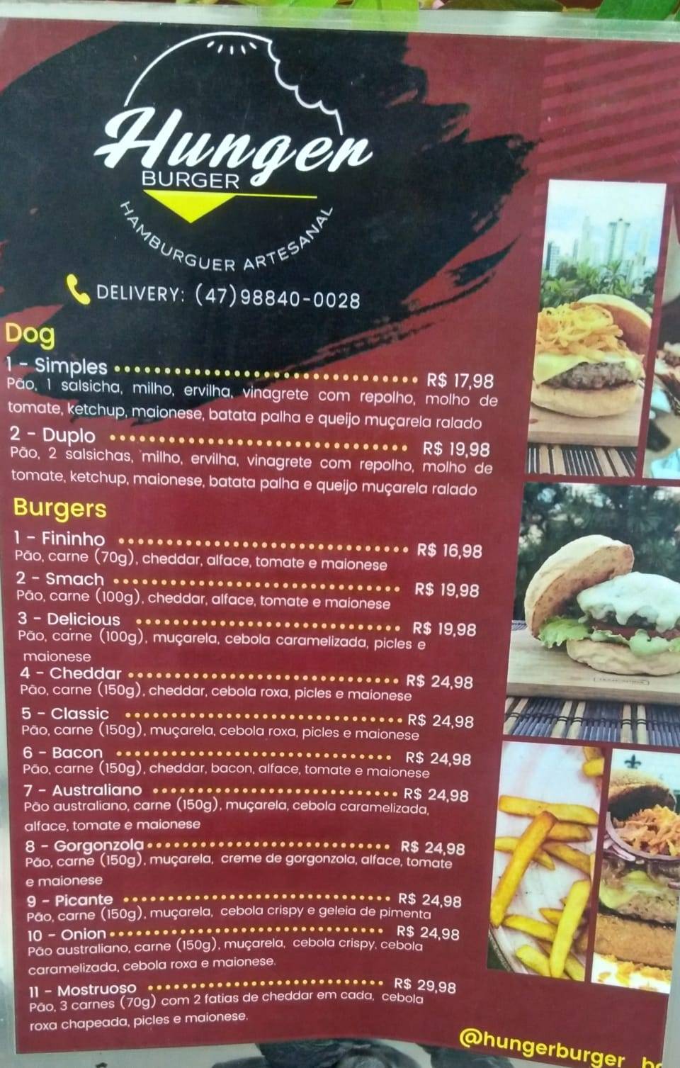 Menu at Hunger Burger restaurant, Balneário Camboriú