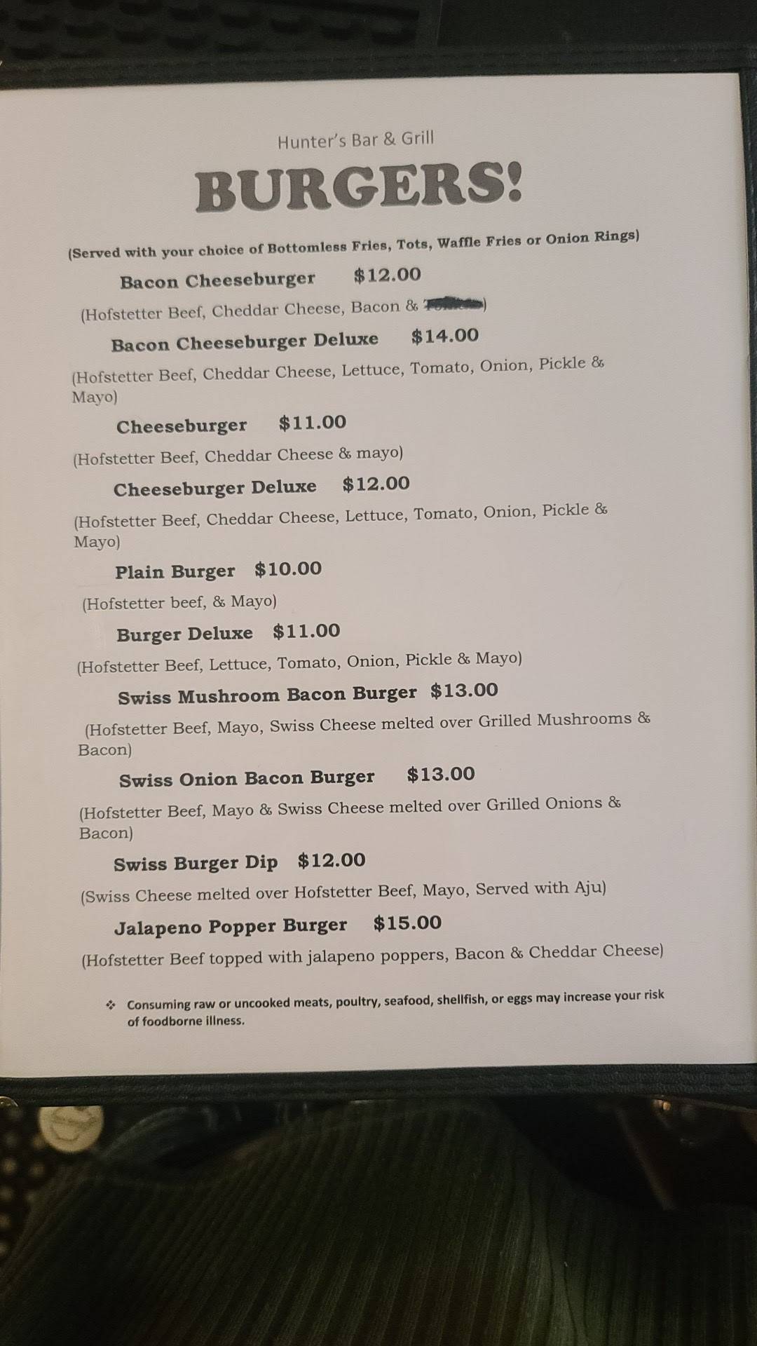 Menu at Hunters Bar & Grill, Hunters