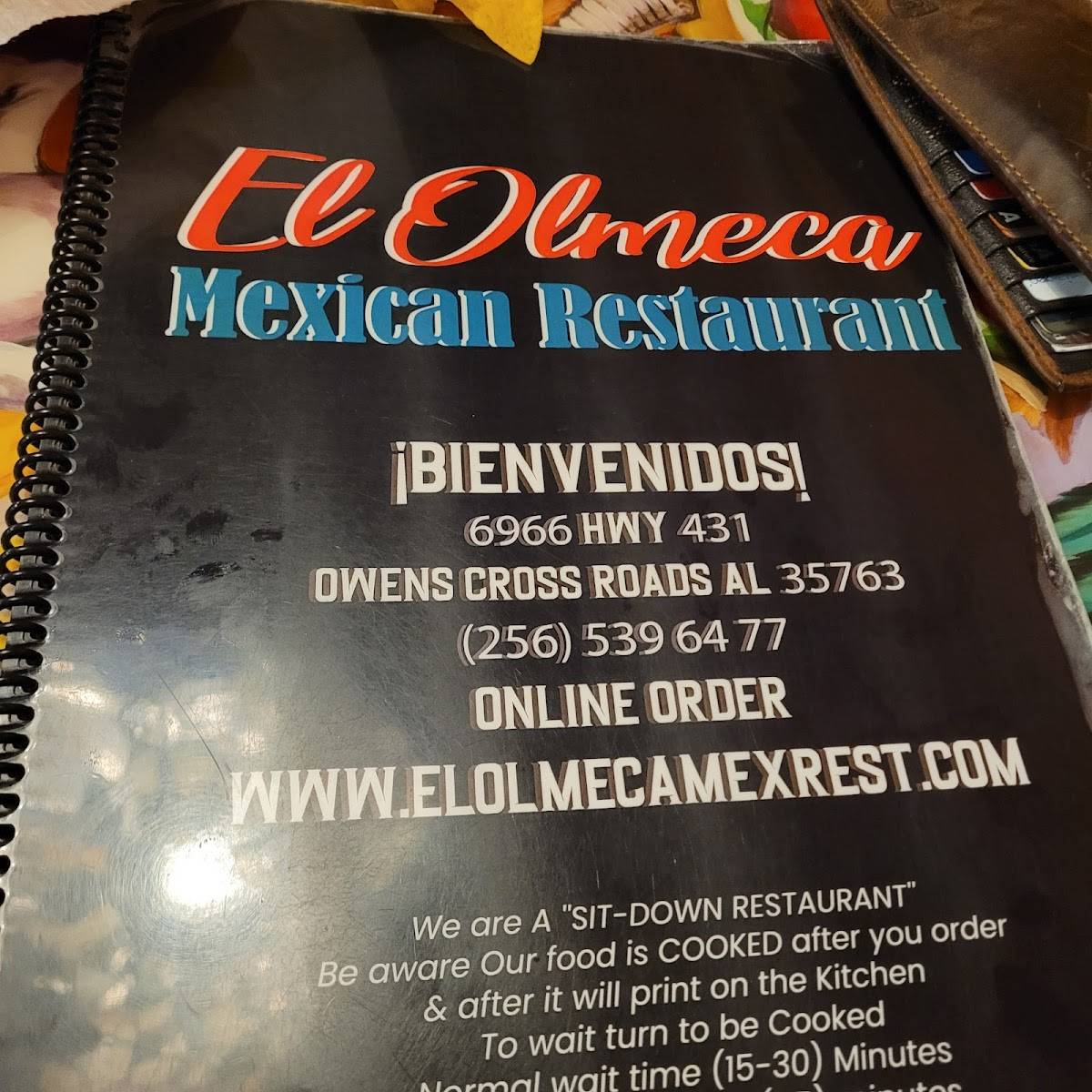 Menu at El Olmeca restaurant, Owens Cross Roads, US-431 S