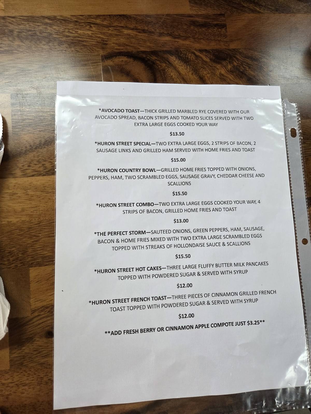 Menu at Huron Street Cafe, Lexington