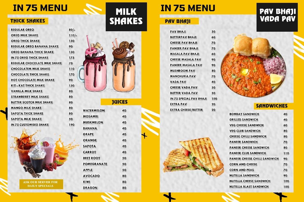 Menu at IN 75, Suryapet