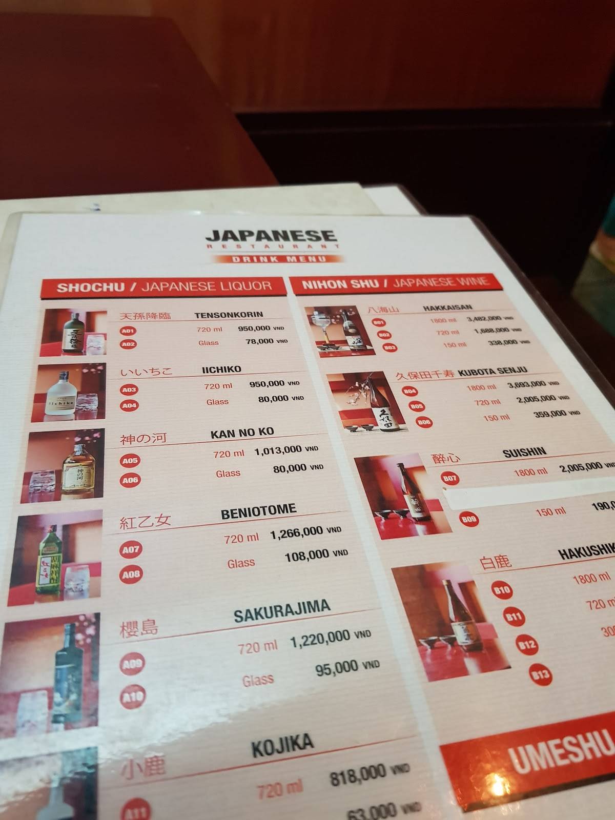Menu at INAHO Japanese Restaurant, Ho Chi Minh City