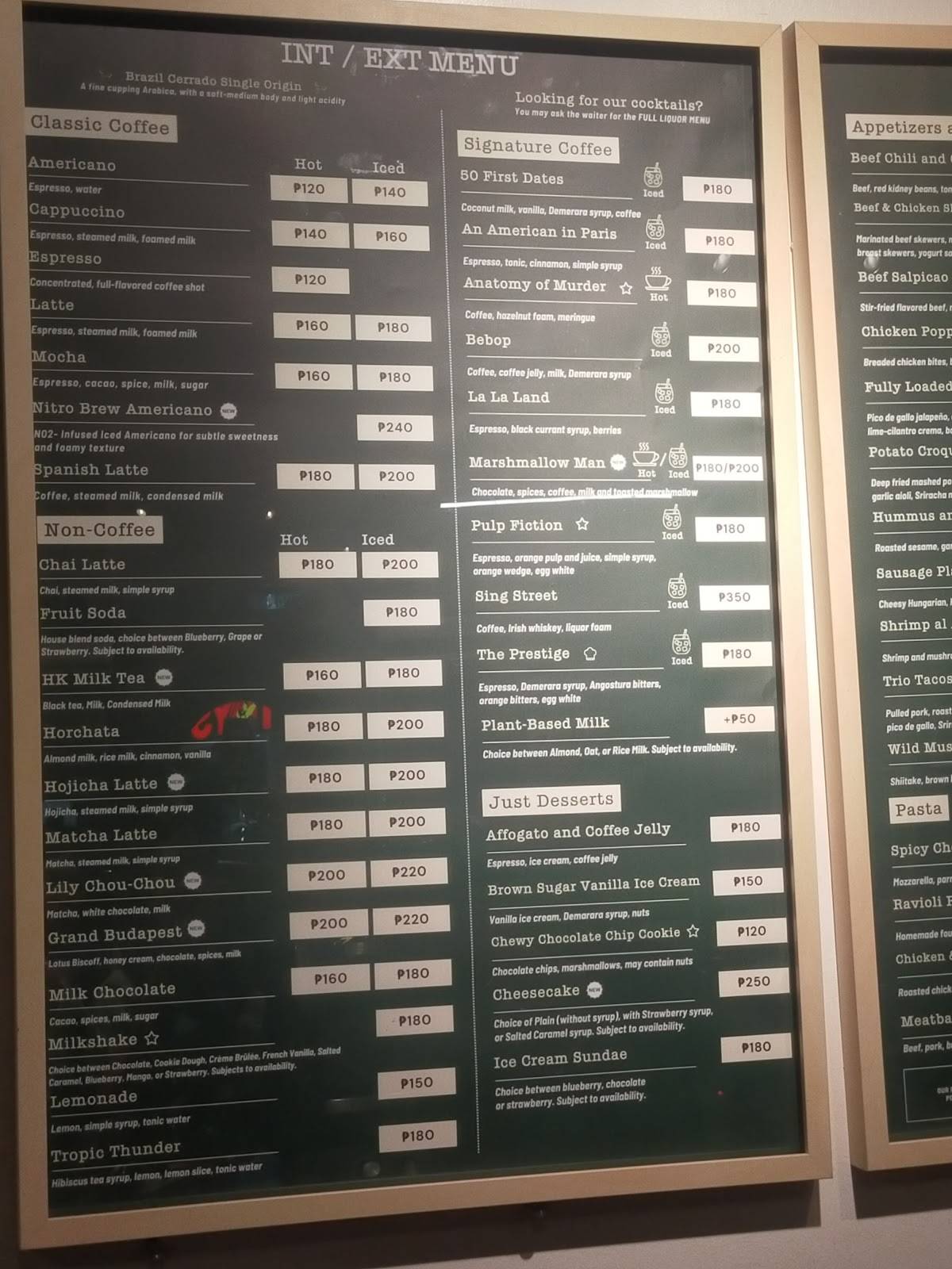 Menu at INT.Bar / EXT.Cafe, Quezon City, Cubao Expo