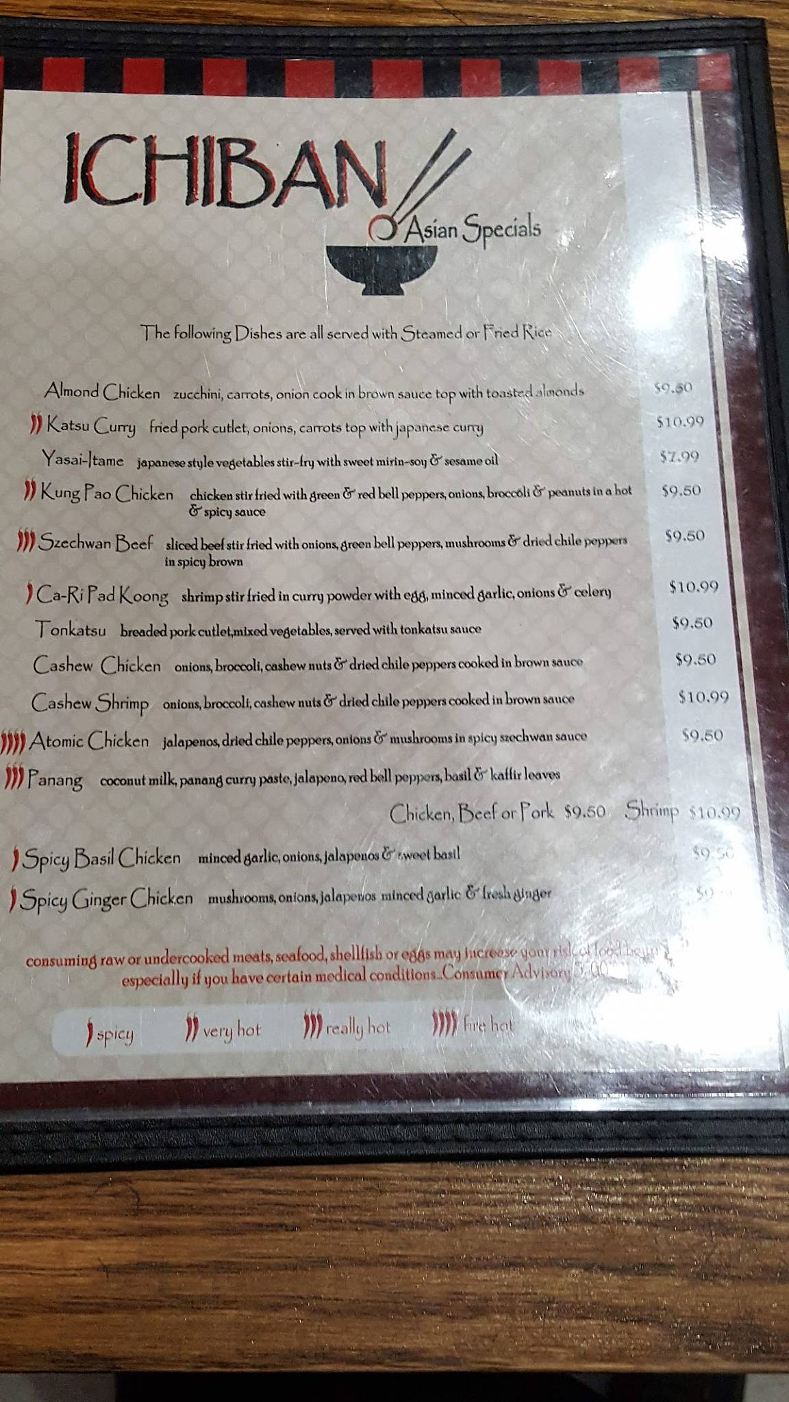 Menu at Ichiban restaurant, Amarillo