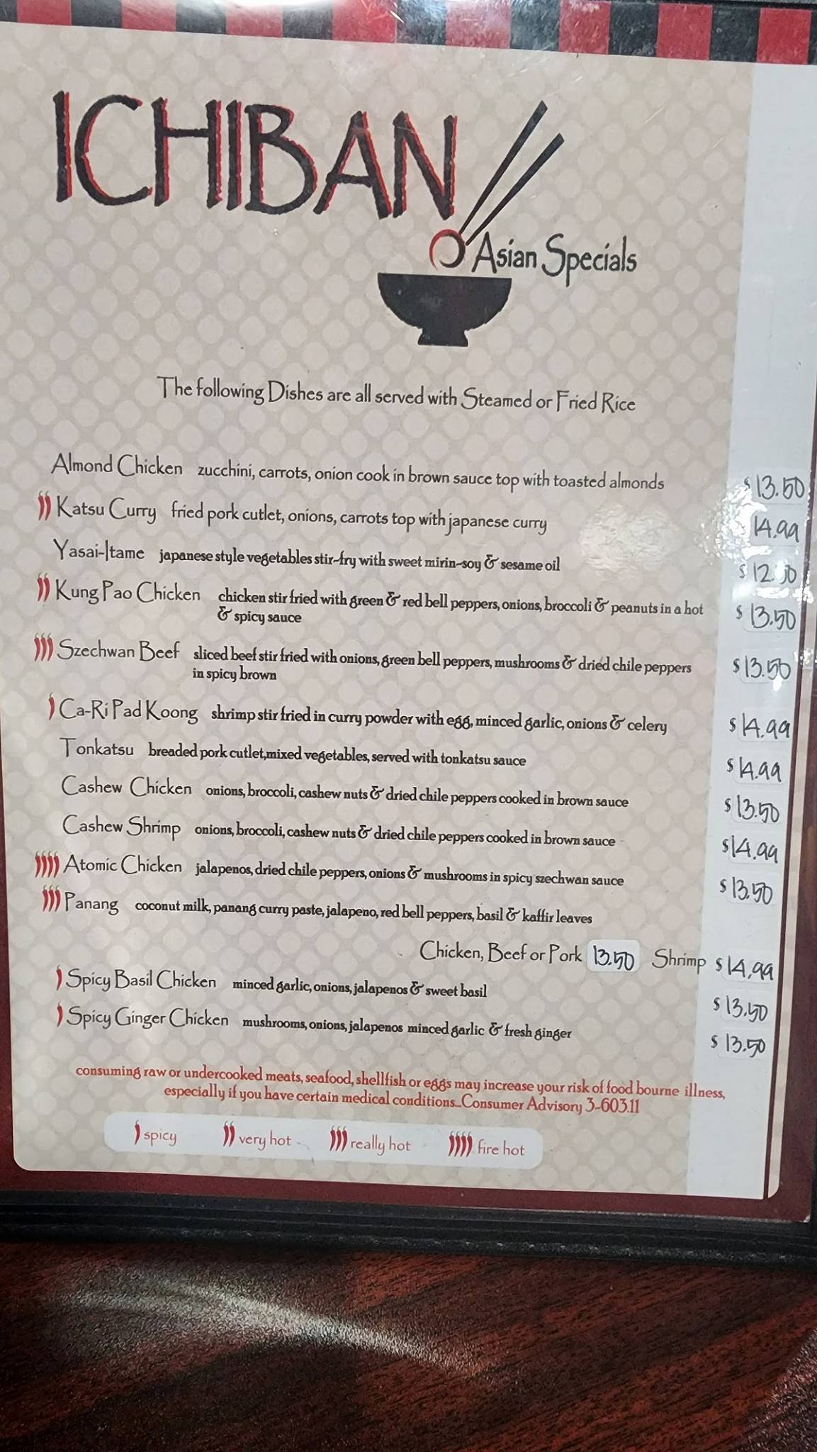 Menu at Ichiban restaurant, Amarillo