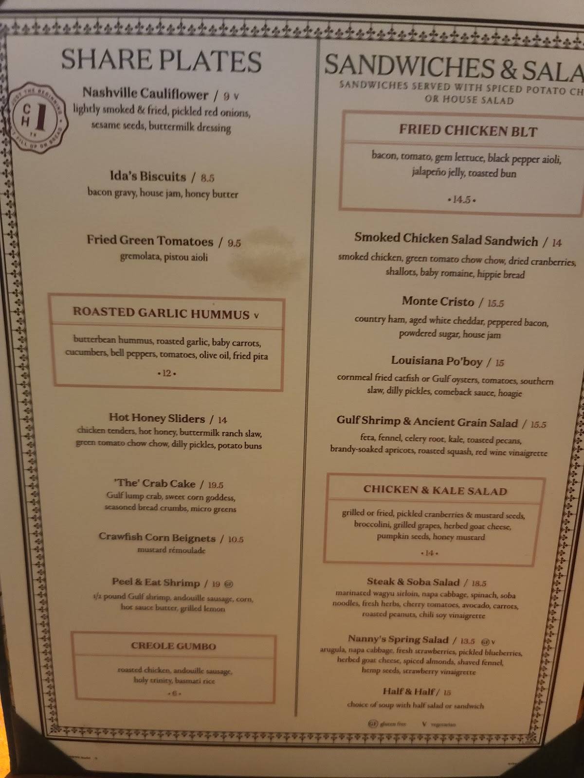 Menu at Ida Claire restaurant, San Antonio