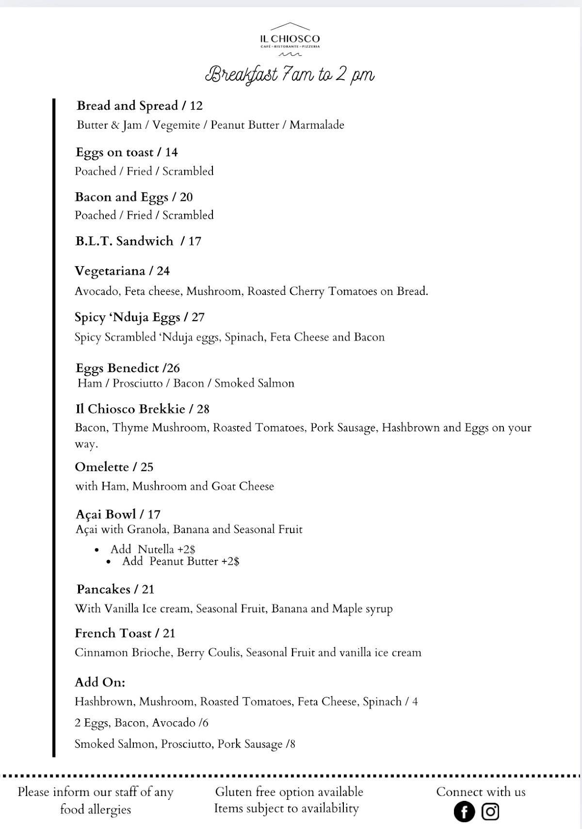 Menu at Il Chiosco restaurant, Trinity Beach