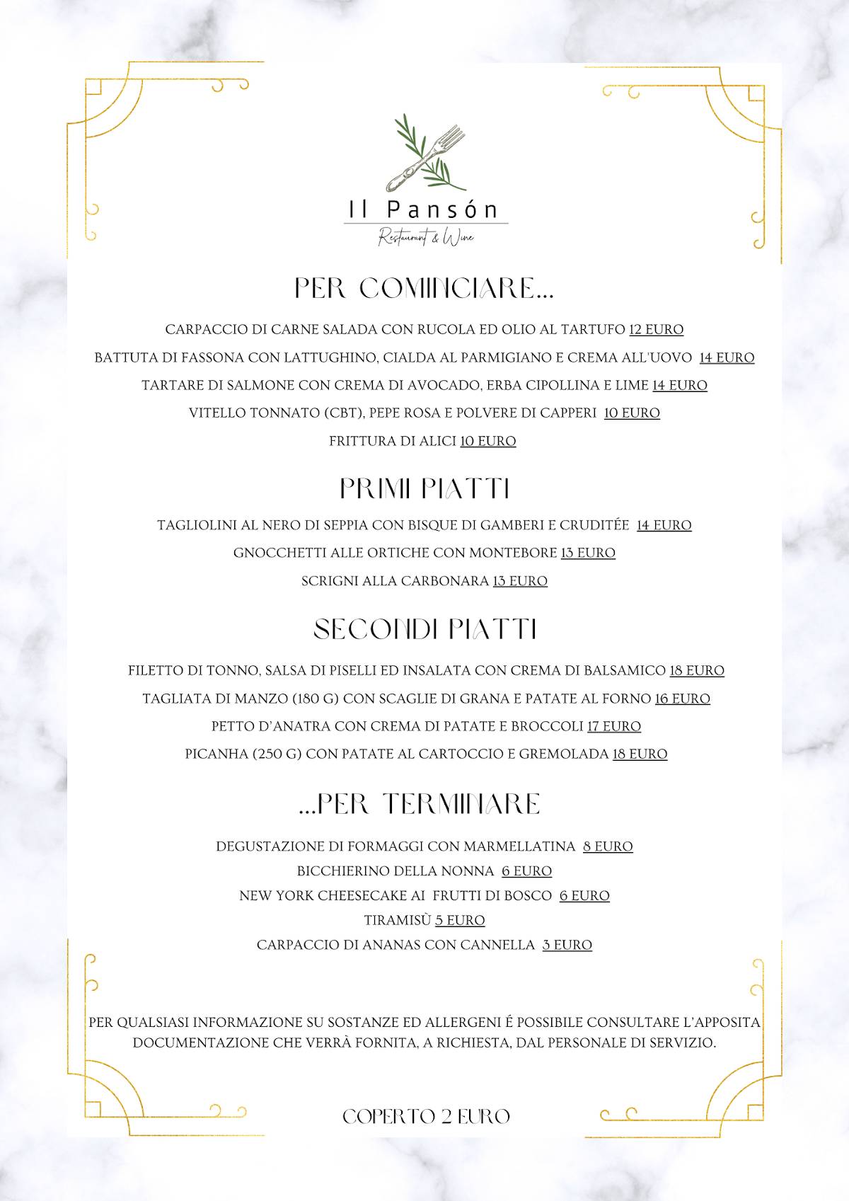 Menu da Il Pansón ristorante, Tortona