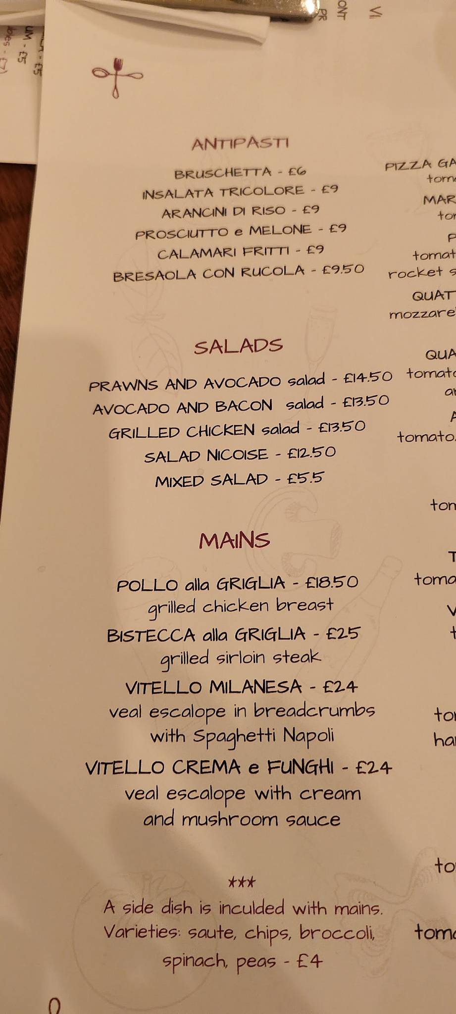Menu at Il Pizzaiolo restaurant, London