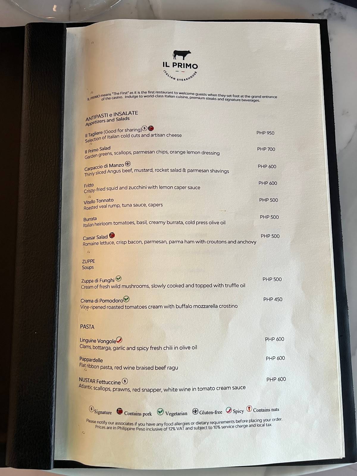 Carta de Il Primo Italian Steakhouse, Cebú