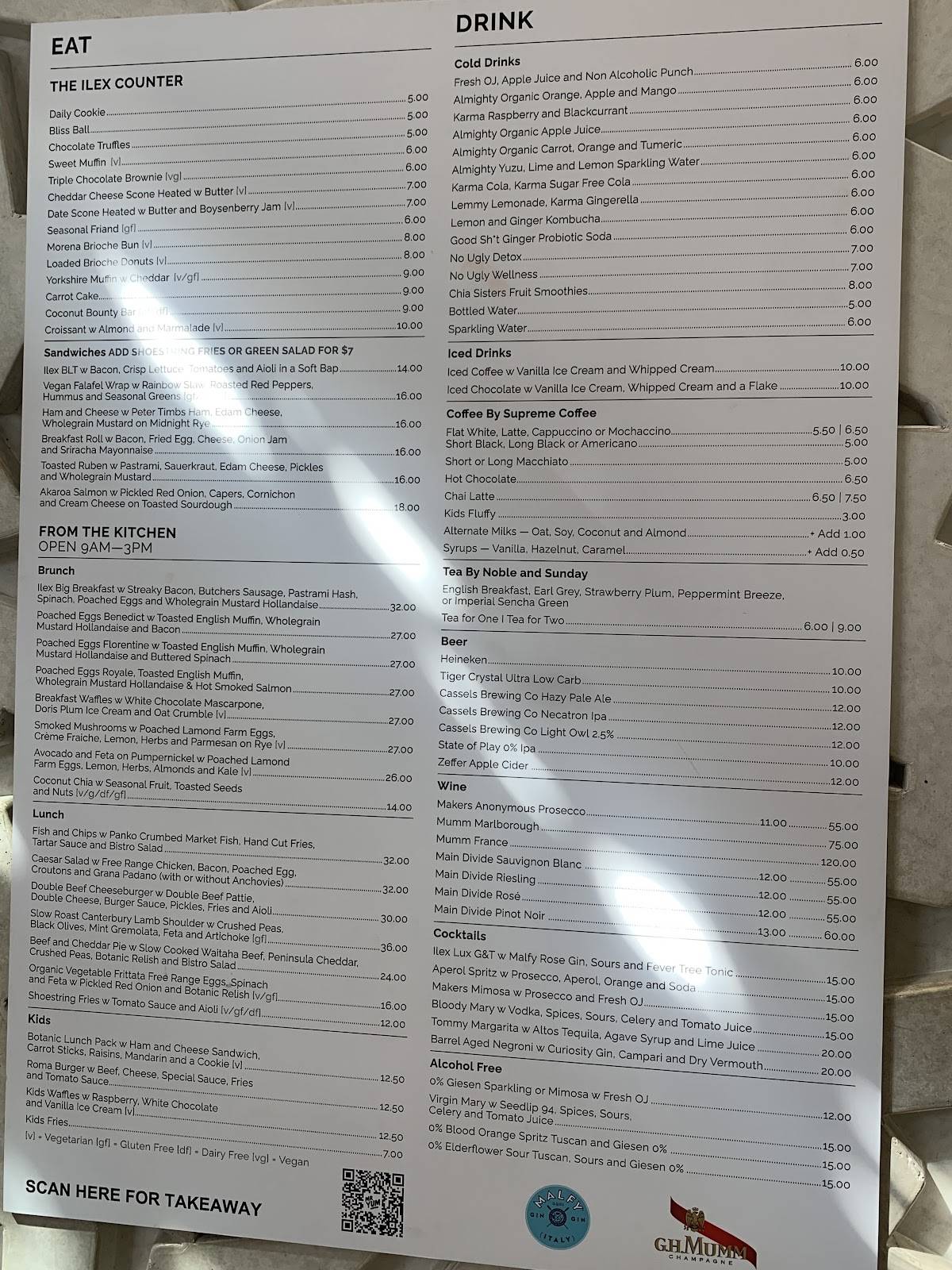 Menu at Ilex Café cafe, Christchurch