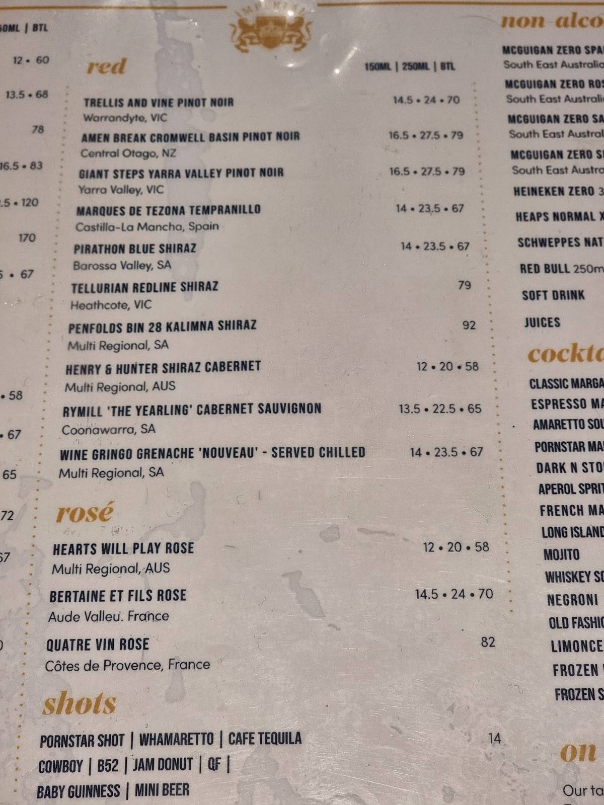 Menu at Imperial Hotel pub & bar, Melbourne, 2-8 Bourke St