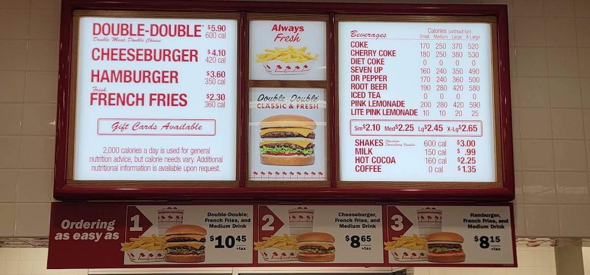 Menu at In-N-Out Burger fast food, Jurupa Valley, Pyrite St