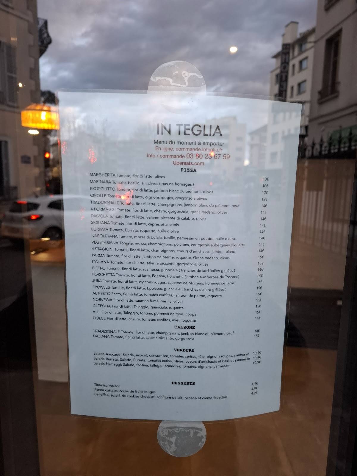 Menu au In Teglia - Victor Hugo restaurant, Dijon