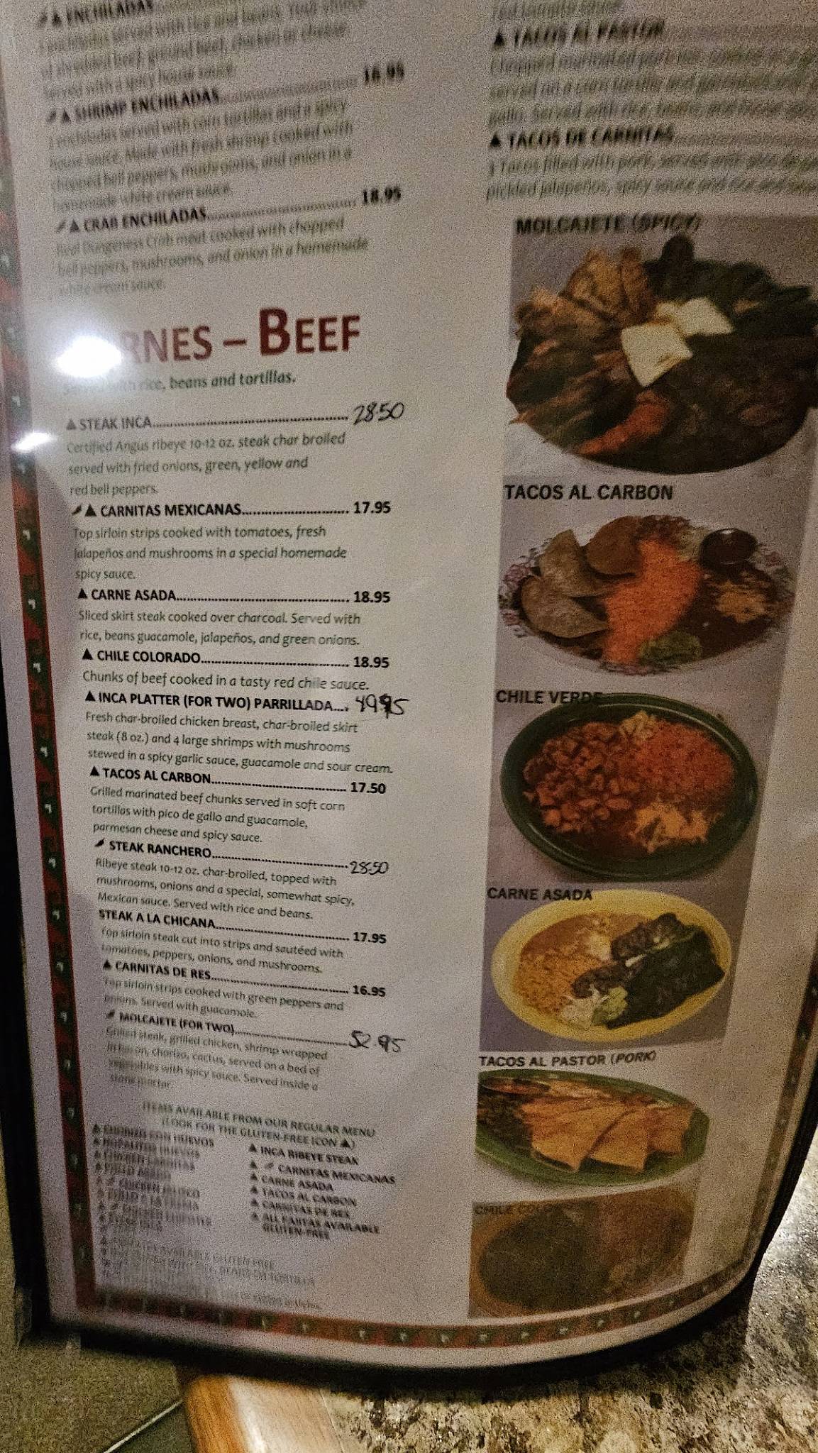 Menu at Inca Mexican Restaurant, Sioux Falls