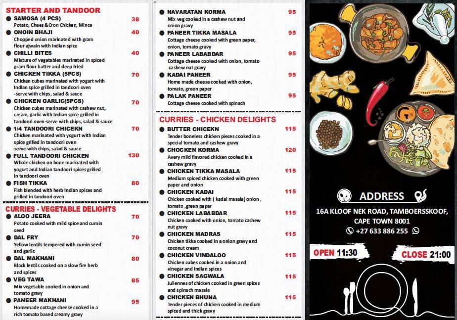 Speisekarte von Indian corner restaurant, Kapstadt