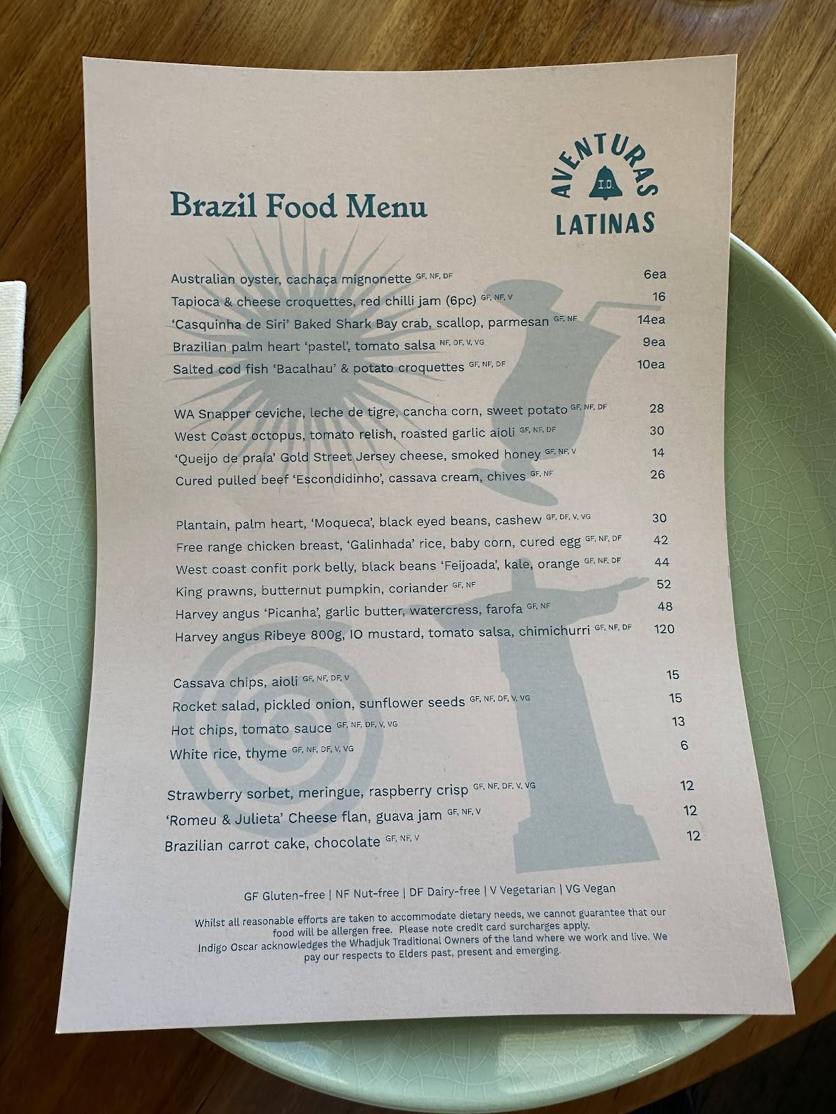 Menu at Indiana Cottesloe Beach restaurant, Cottesloe, 99 Marine Parade