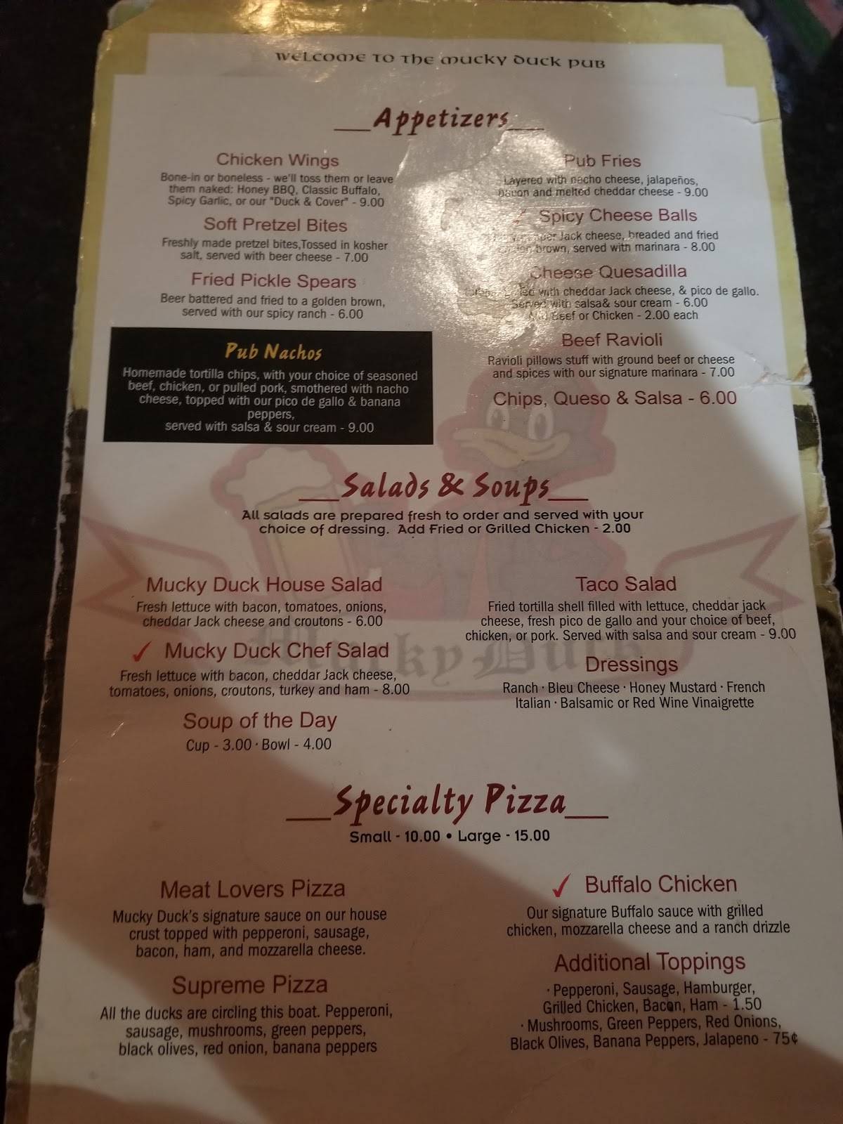 Menu at Mucky Duck Pub, Indianapolis