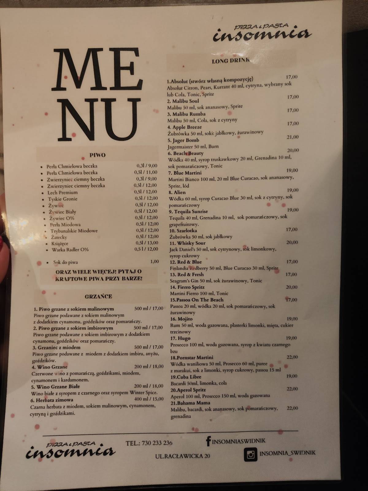 Menu at Insomnia Pizza&Pasta restaurant, Świdnik