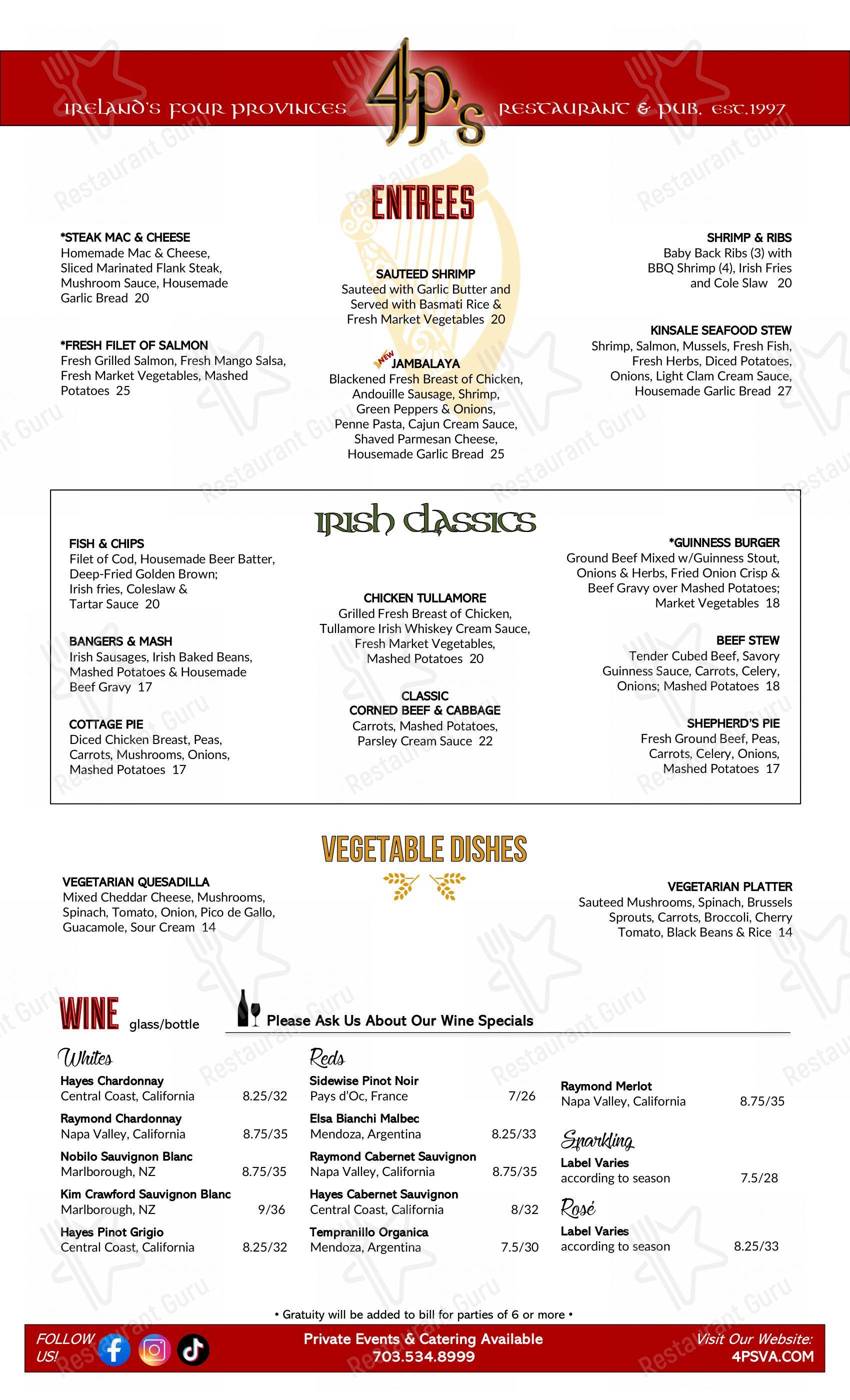 Menu at Ireland's Four Provinces pub & bar, Falls Church