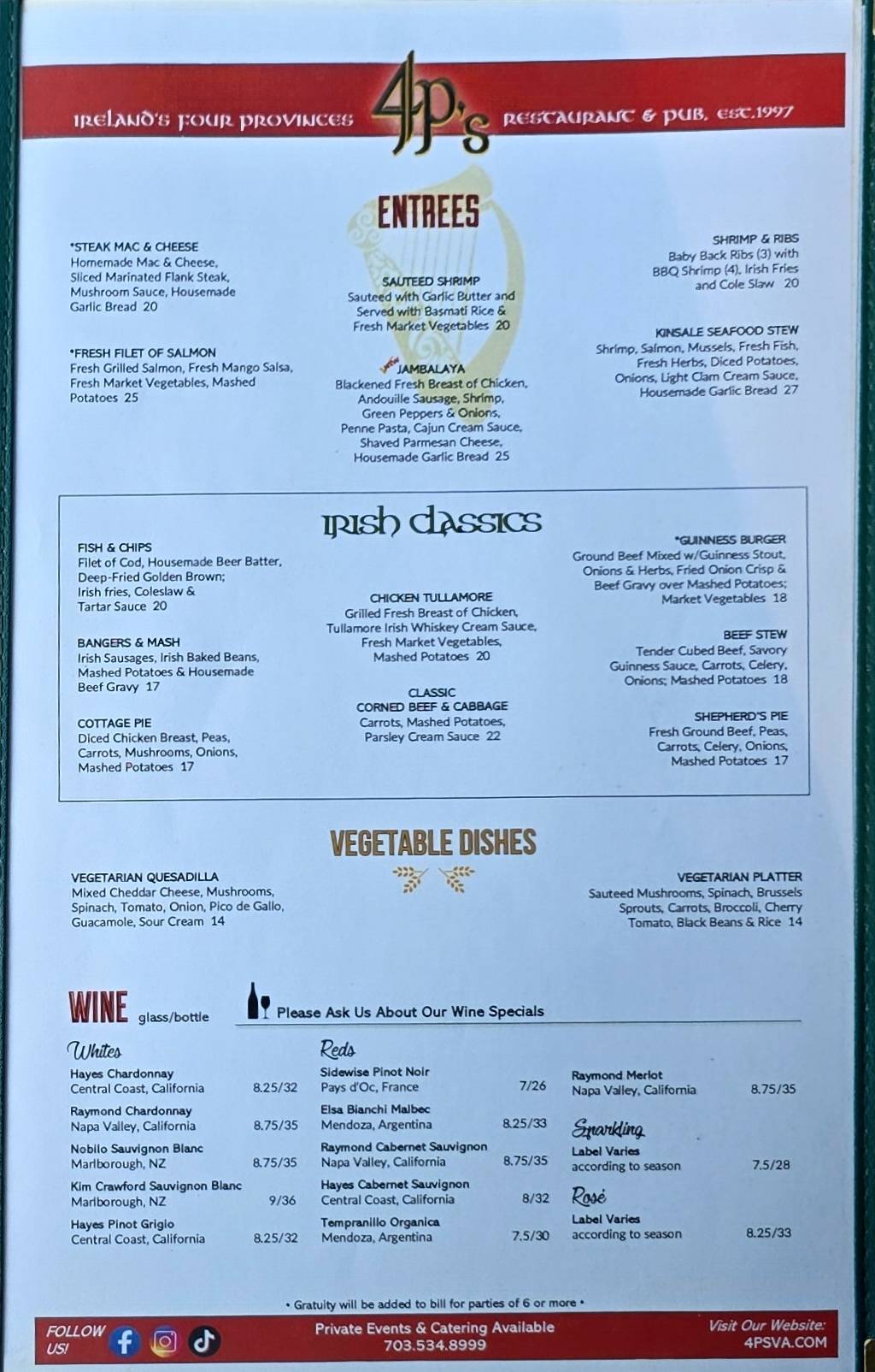 Menu at Ireland's Four Provinces pub & bar, Falls Church