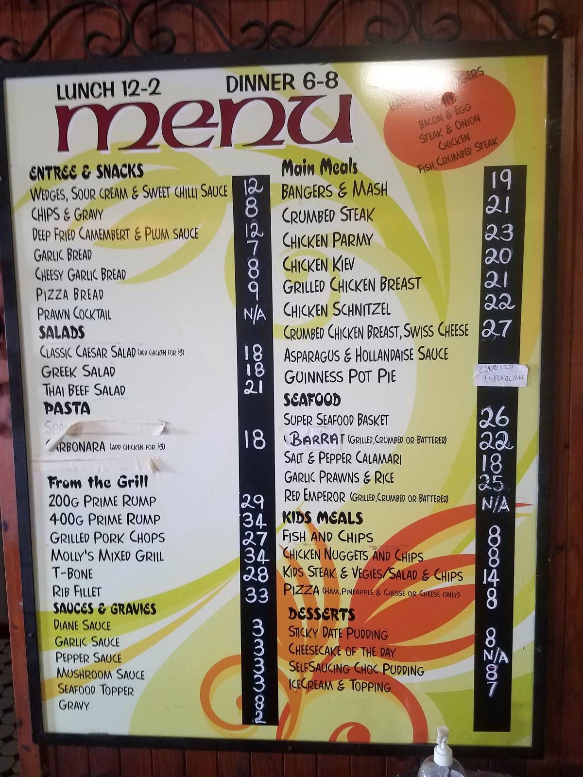 Menu at Irish Molly's pub & bar, Charters Towers City