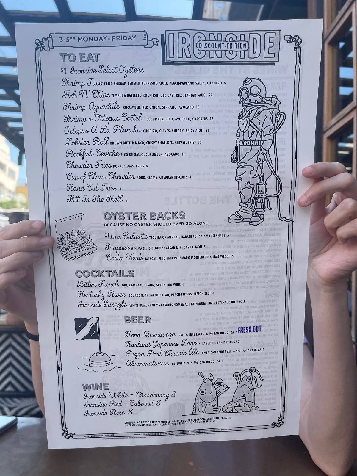 Menu at Ironside Fish & Oyster Bar, San Diego, India St