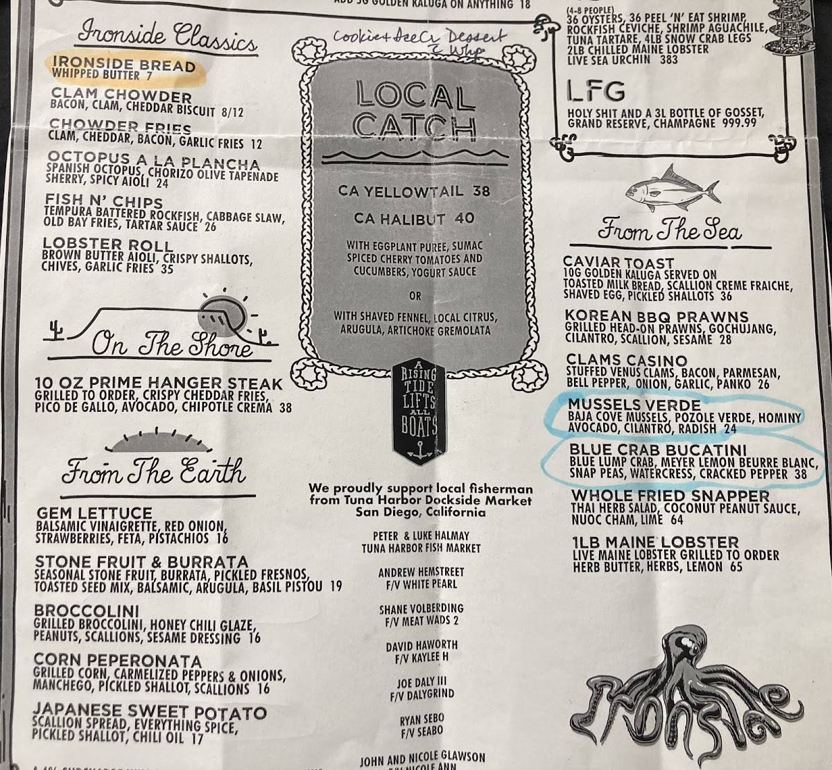 Menu at Ironside Fish & Oyster Bar, San Diego, India St