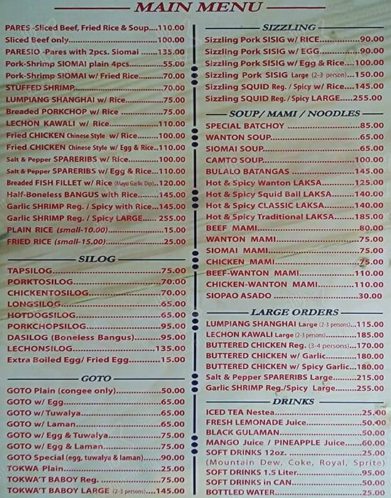 Carta de Iskina Laksa Pares Mami House, Ciudad Quezon